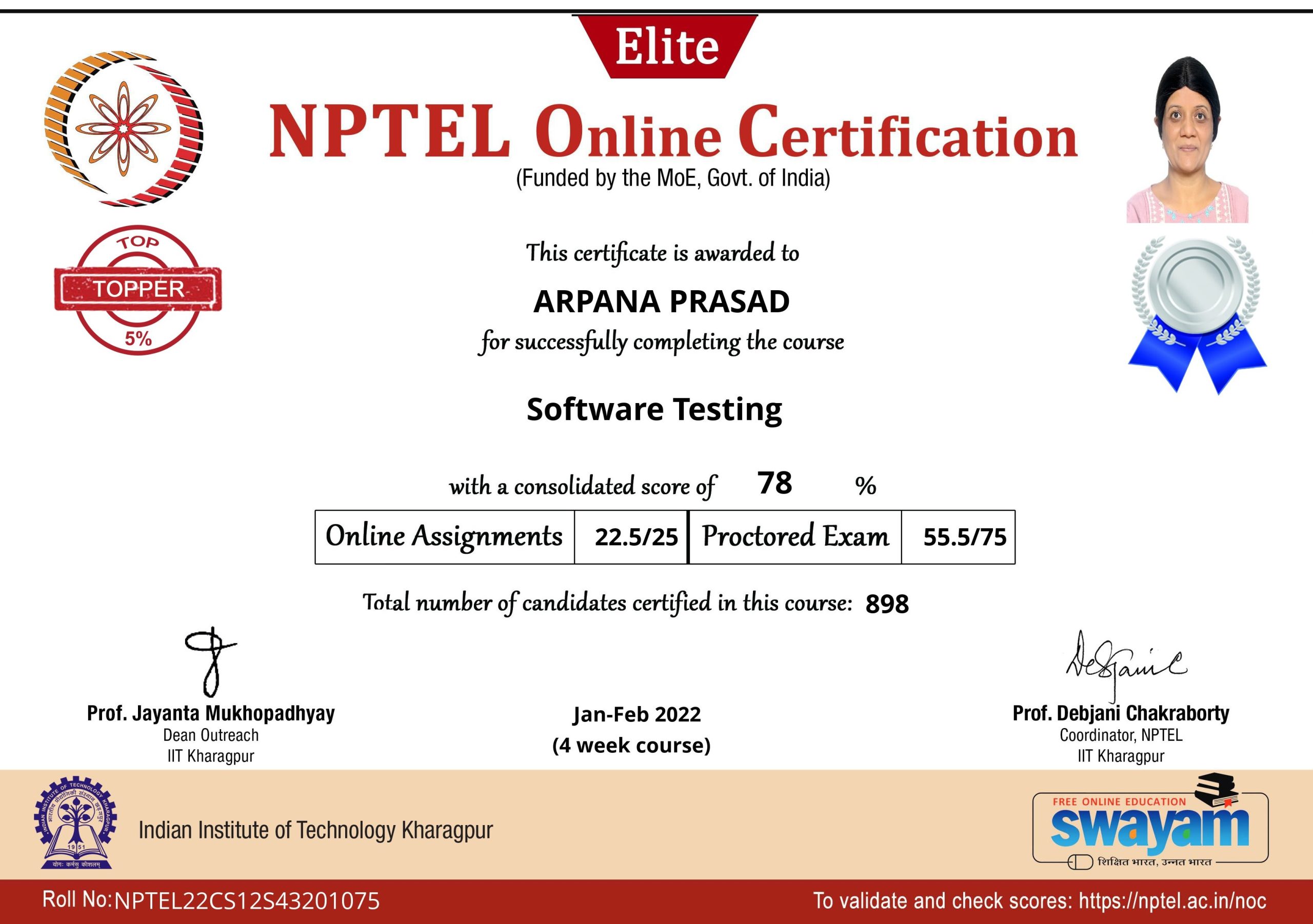 Topper 5 In Nptel Course Software Testing Jan March 2022 Master Of Computer Applications